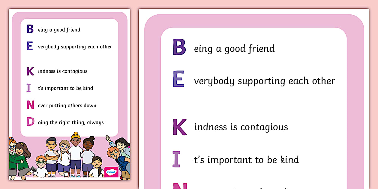 Be Kind Acrostic Poem Example (teacher made) - Twinkl