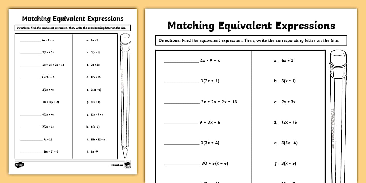 Seventh Grade Matching Equivalent Expressions Worksheet