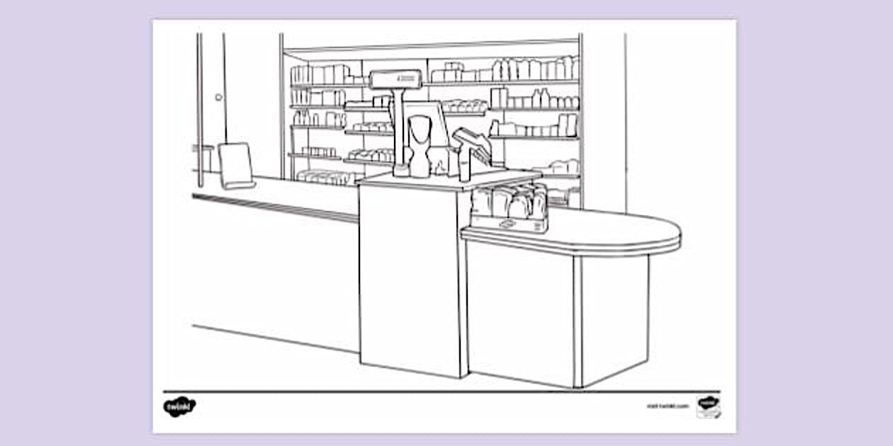 Pharmacy Counter Colouring Sheet | Colouring Sheets - Twinkl