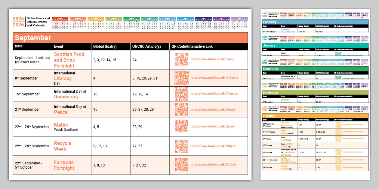 Global Goals and UNCRC Events Wall Calendar 2025-26 - Twinkl