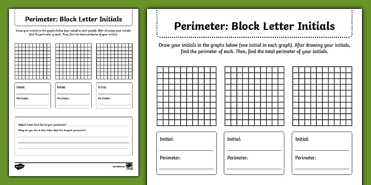 Third Grade Perimeter Block Letter Initials Activity Worksheet