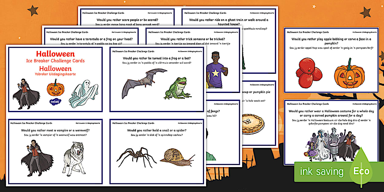 Halloween Ice Breaker Cards English/Afrikaans - Twinkl