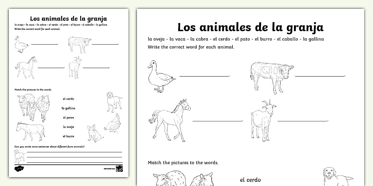 Farm Animals Worksheet Spanish (teacher made) - Twinkl