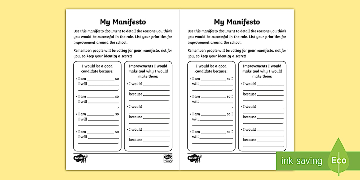 Editable Pupil Voice School Council KS1 My Manifesto Worksheet
