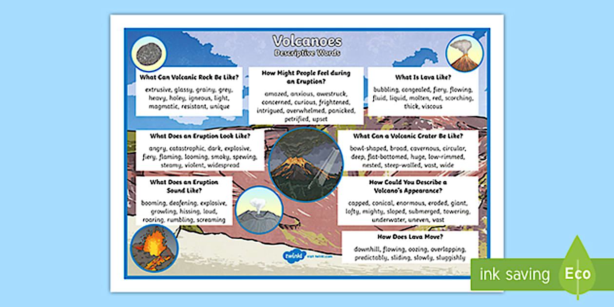 Dyslexic KS2 Descriptive Word Mat: Volcanoes - Twinkl