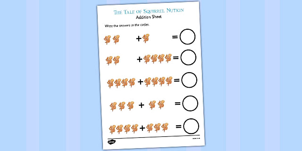 Black and White The Tale of Squirrel Nutkin Up to 10 Addition Sheet ...