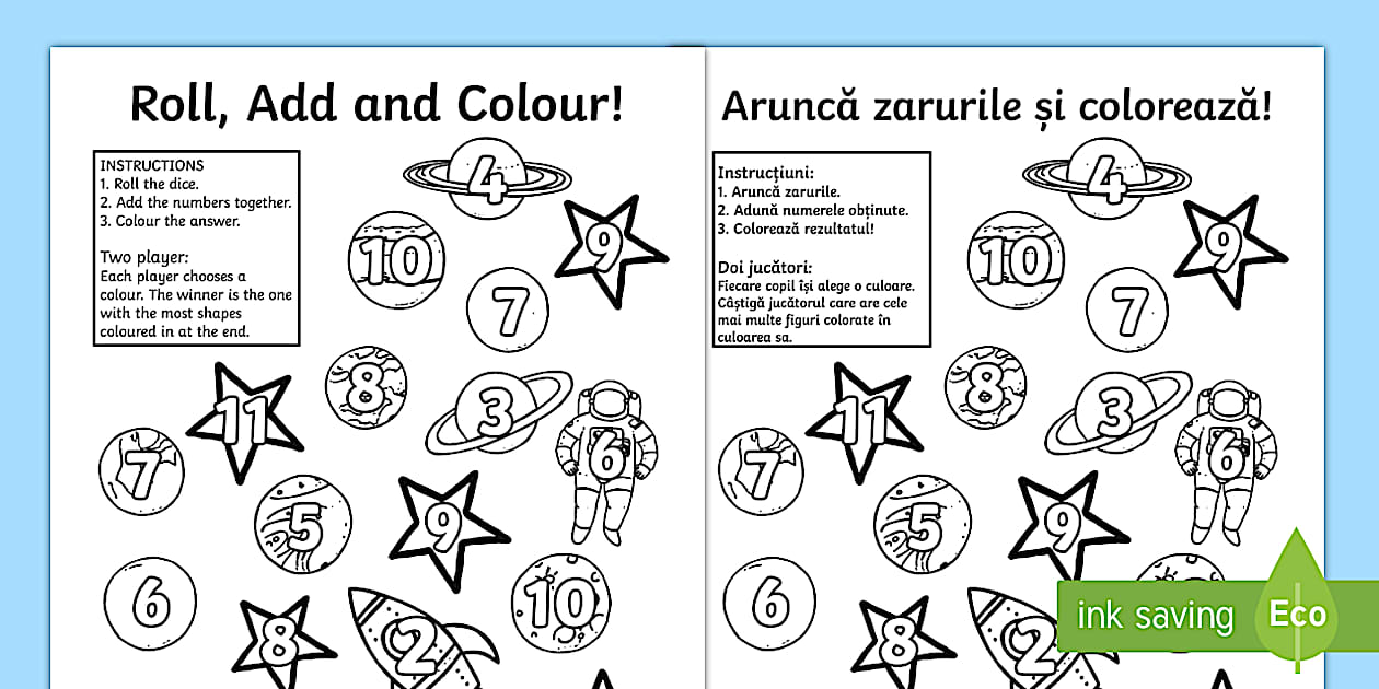Space Roll and Color Dice Addition Activity - English/Romanian - Space Roll