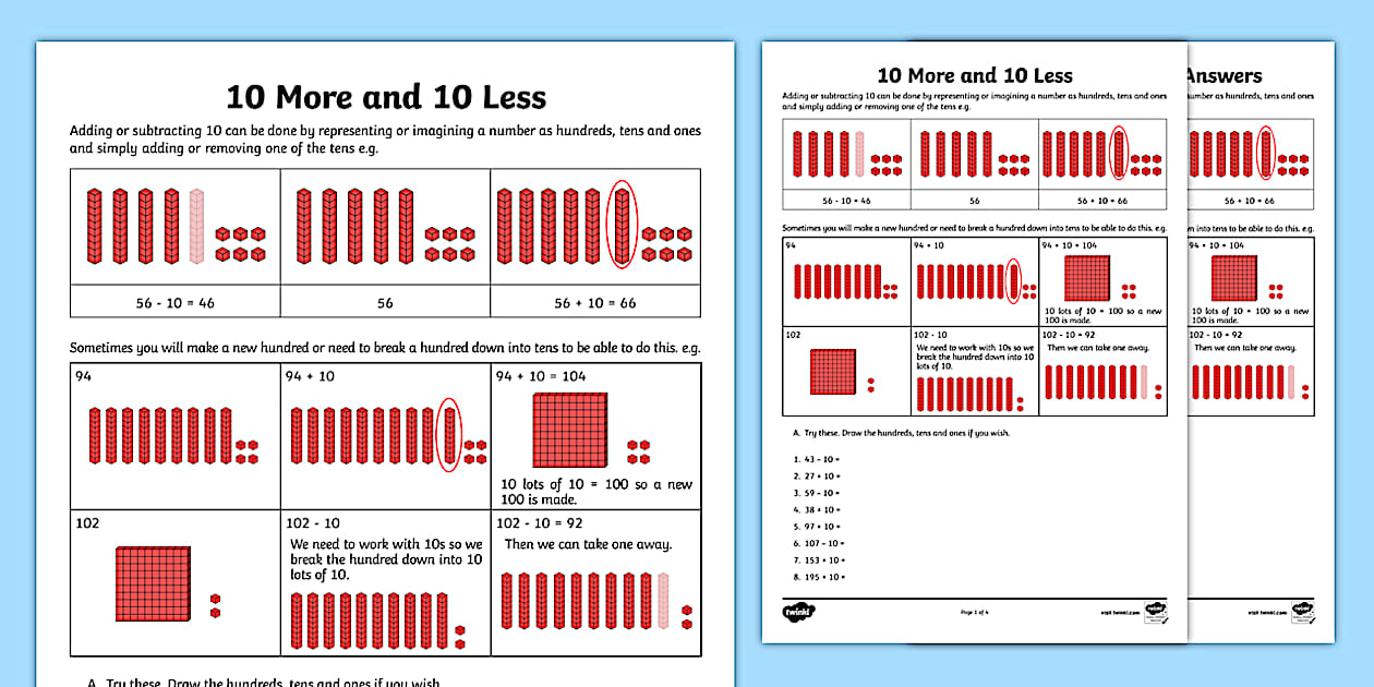 10 More and 10 Less Maths Activity - KS1 Maths Resource