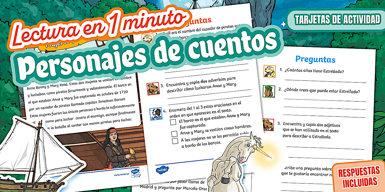 Tarjetas de actividad: Lectura en 1 minuto - Personajes de cuentos