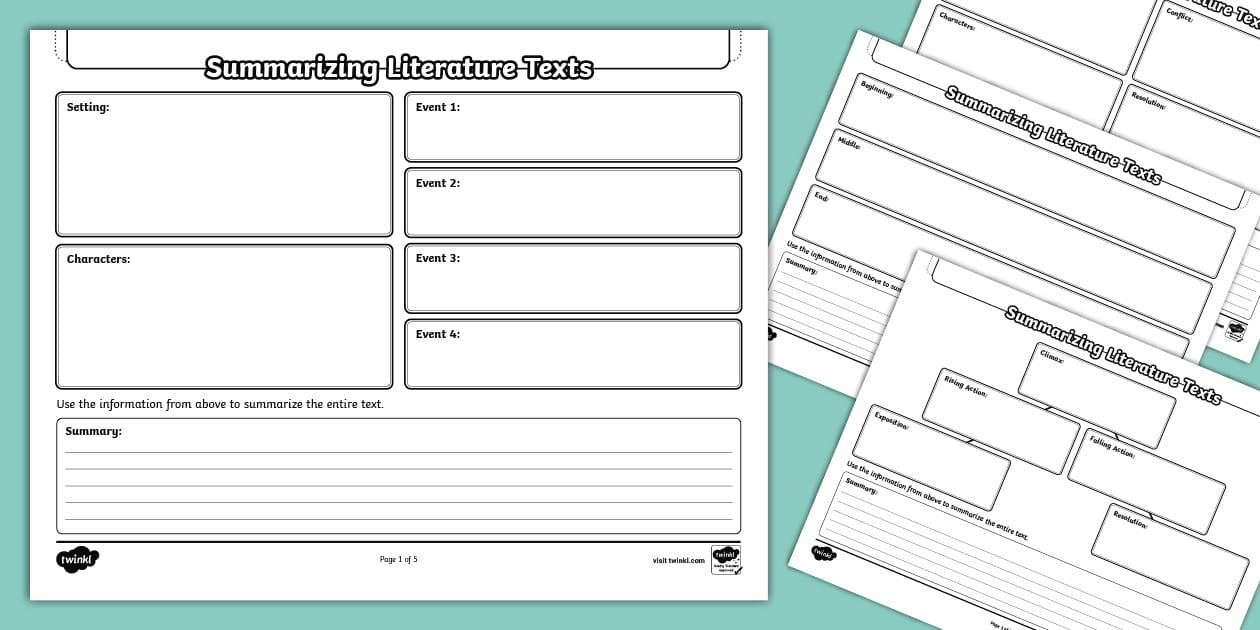 Sixth Grade Summarizing Literature Texts Graphic Organizers
