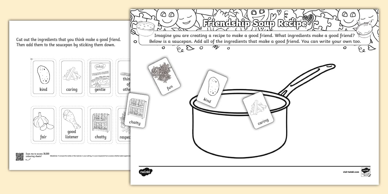Friendship Soup Recipe Cut and Stick Worksheet - Twinkl