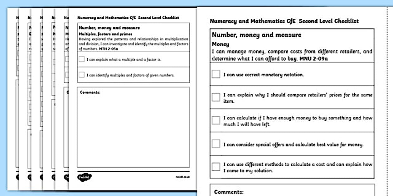 CfE Second Level Numeracy and Mathematics Checklist-Scottish