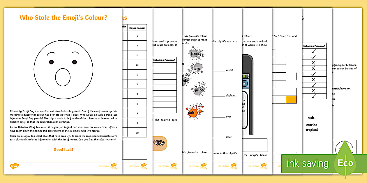 Black and White LKS2 Who Stole the Emoji's Colour? SPaG Problem-Solving