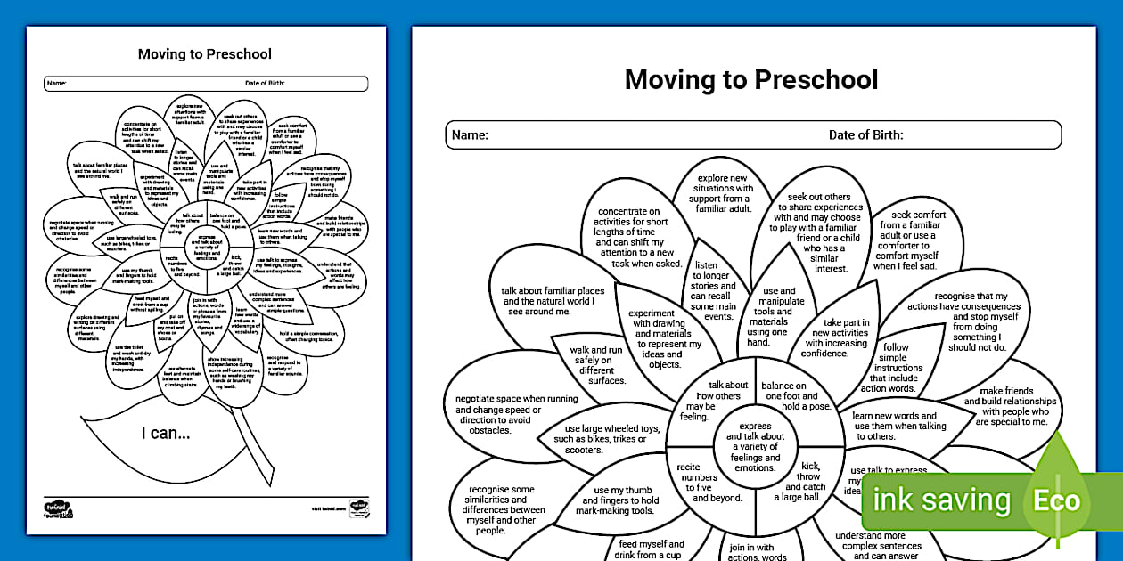 Moving to Preschool 'I Can' Assessment Flower (teacher made)