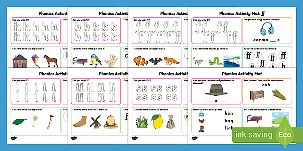 EYFS Phase 2 h, b, f, ff, l, ll, ss Phonics Activity Mats