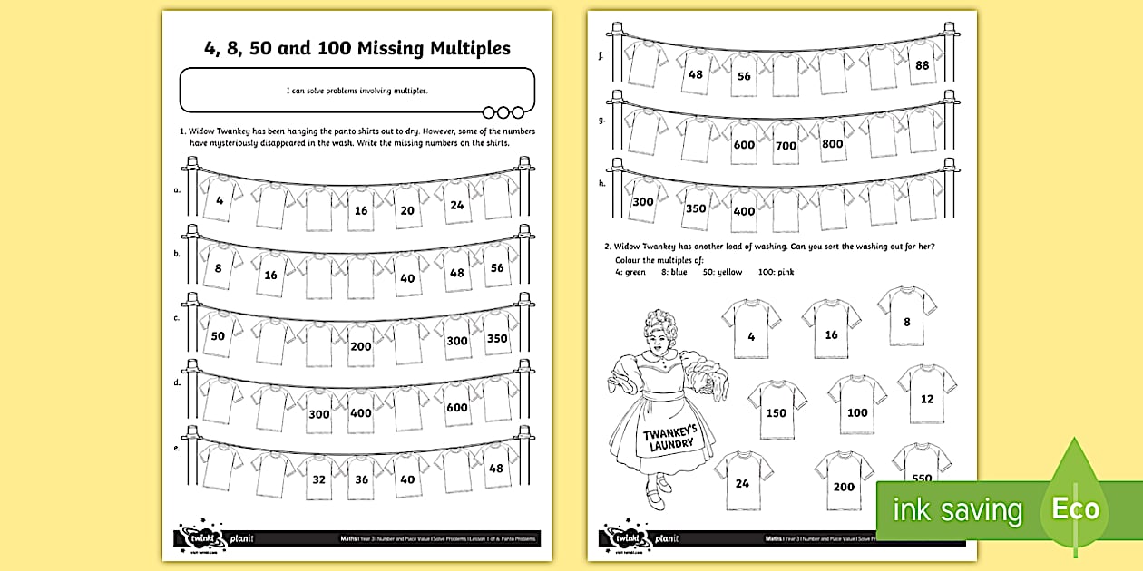 4, 8, 50 and 100 Missing Multiples Worksheet / Worksheet