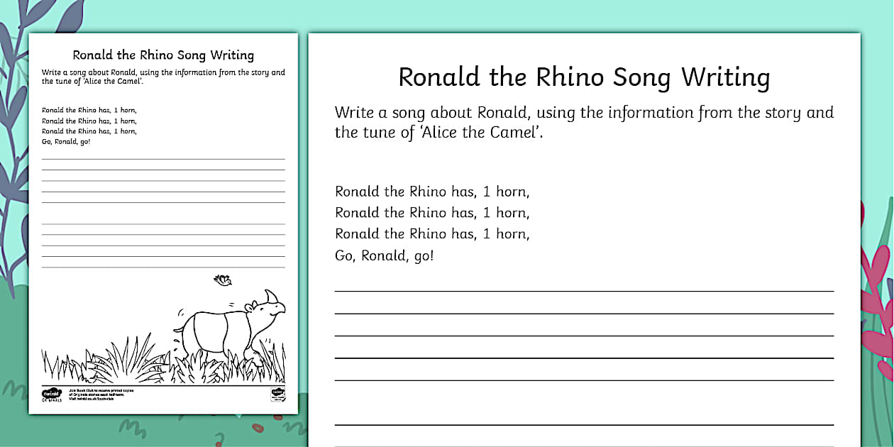 Ronald the Rhino Song Writing Worksheet / Worksheet - Twinkl