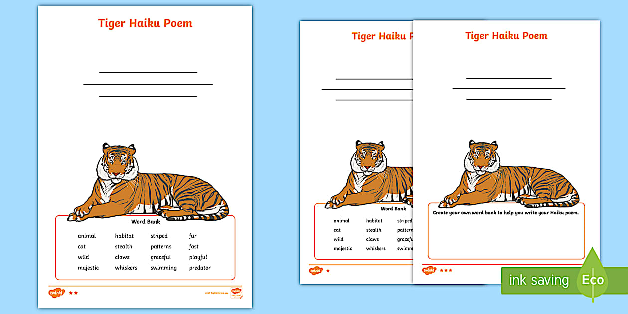 Black and White Tiger Haiku Poem Differentiated Worksheets