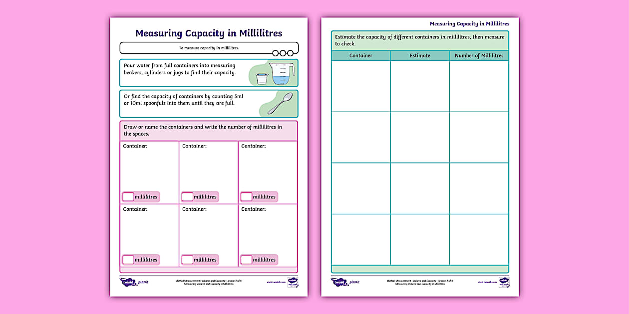 👉 Y 2 Measuring Capacity in Millilitres Maths Worksheet