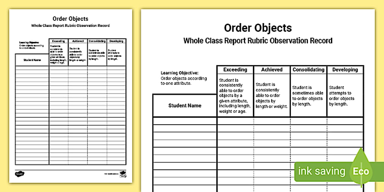 Editable Order Objects by Attribute EYLF Assessment Rubric/Guide to Making