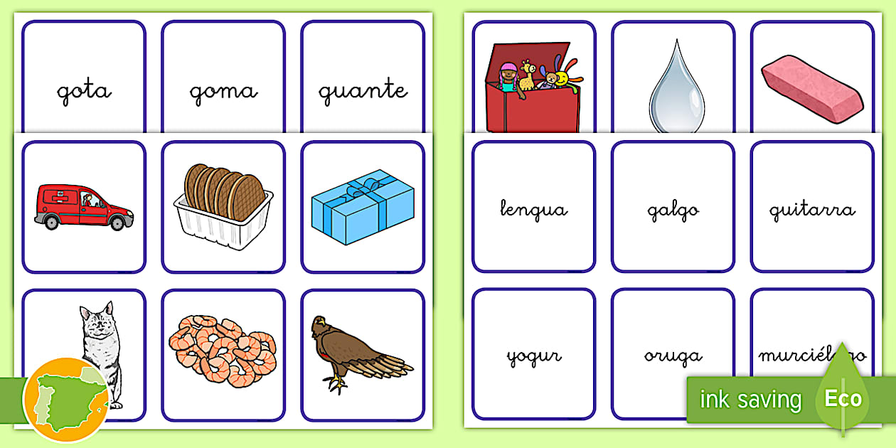 Tarjetas de emparejar: La letra G y la Gu