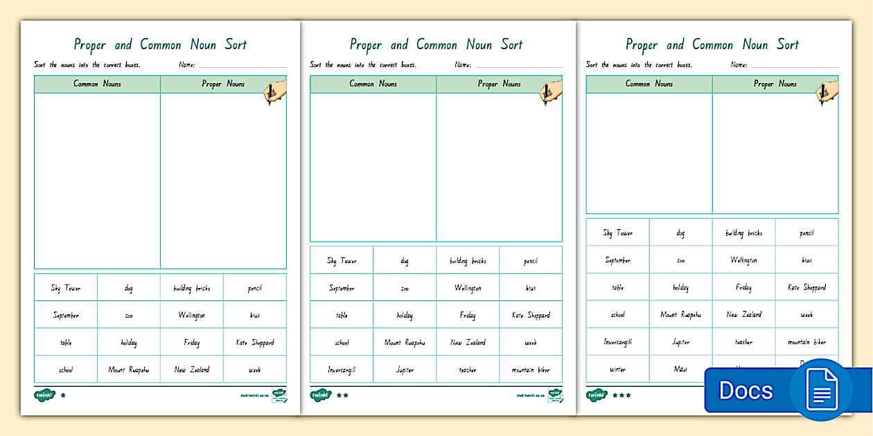 NZ Proper and Common Noun Sort Worksheet - Twinkl