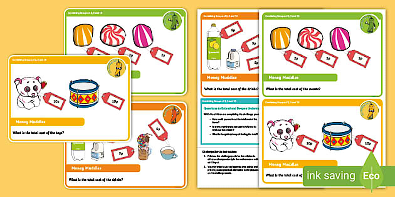 EYFS Maths Combining Groups of 2,5 and 10 Chilli Challenges: Money Muddles