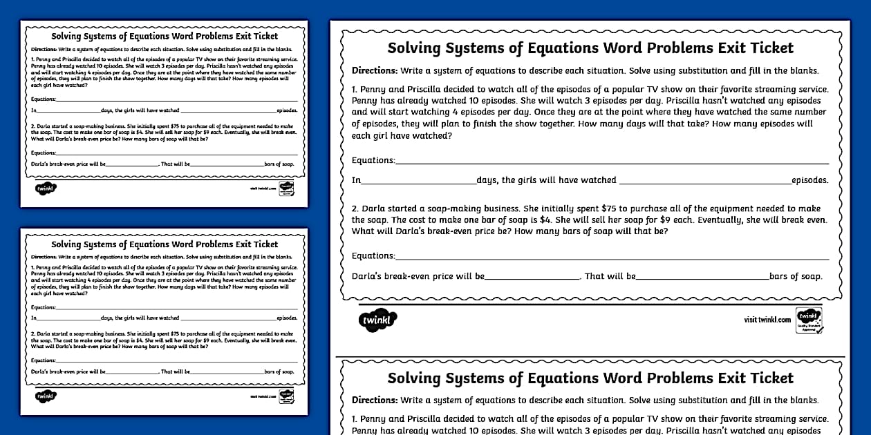 Eighth Gr Solving Systems Of Equations By Sub Wr Problems Exit Ticket
