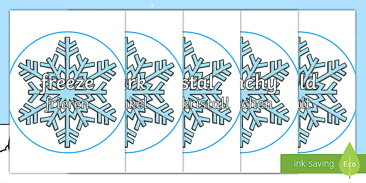 Winter Topic Words on Snowflakes Display Posters English/German