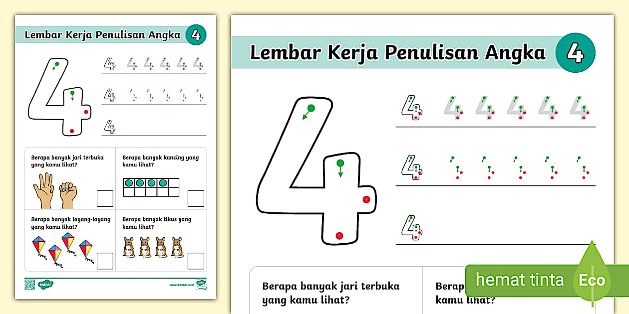 Worksheet Menulis Angka 4 - Twinkl