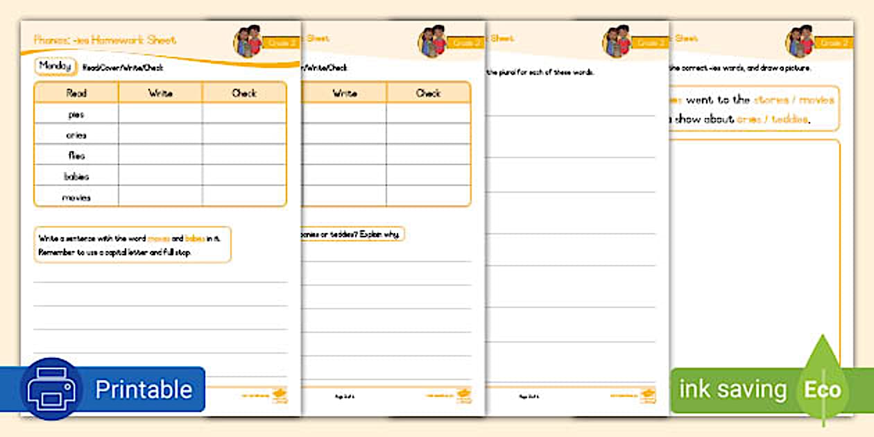 Grade 2 Phonics: -ies Homework Sheet (teacher made) - Twinkl