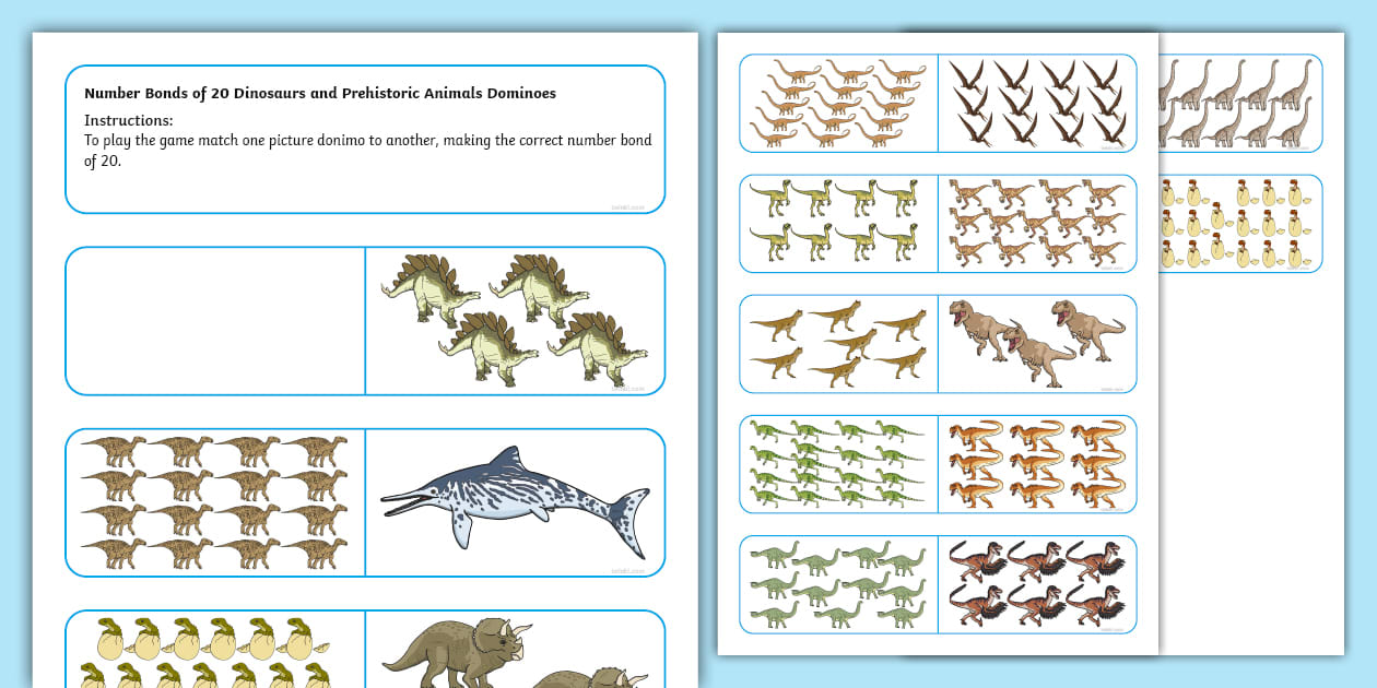 Number Bonds of 20 Dinosaur and Prehistoric Animal Dominoes
