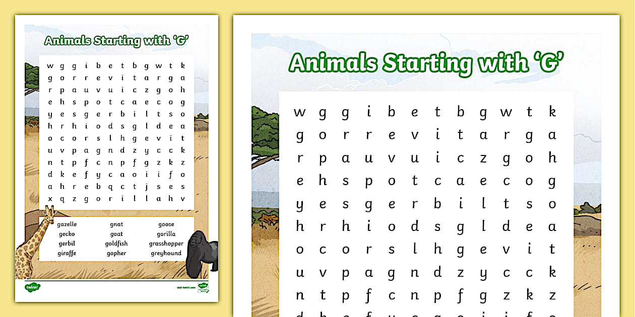 Animals Starting with Letter 'G' Word Search (teacher made)