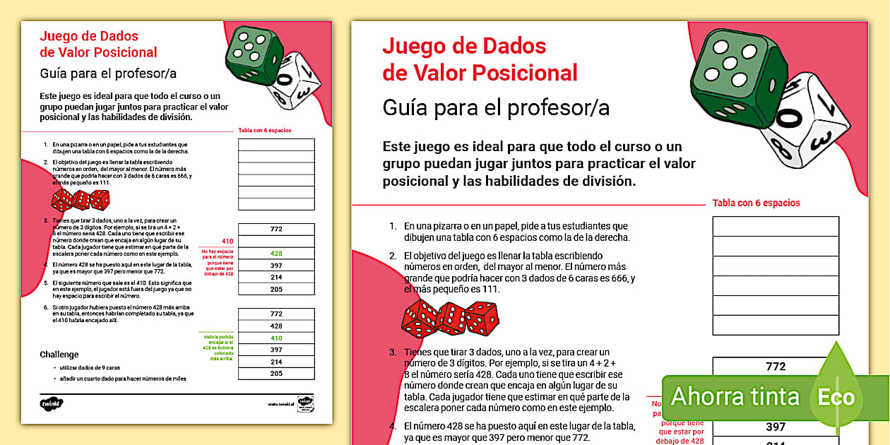 Juego con dados para trabajar Valor Posicional - Twinkl