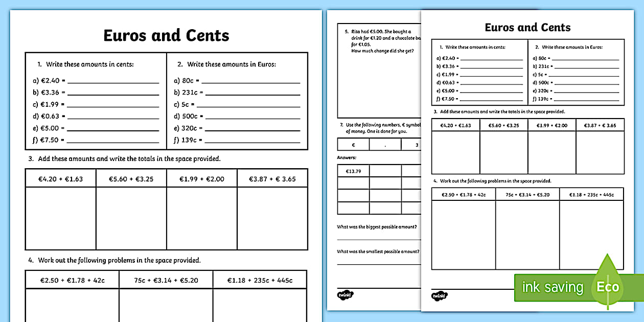 Euros and Cents Worksheet (teacher made) - Twinkl