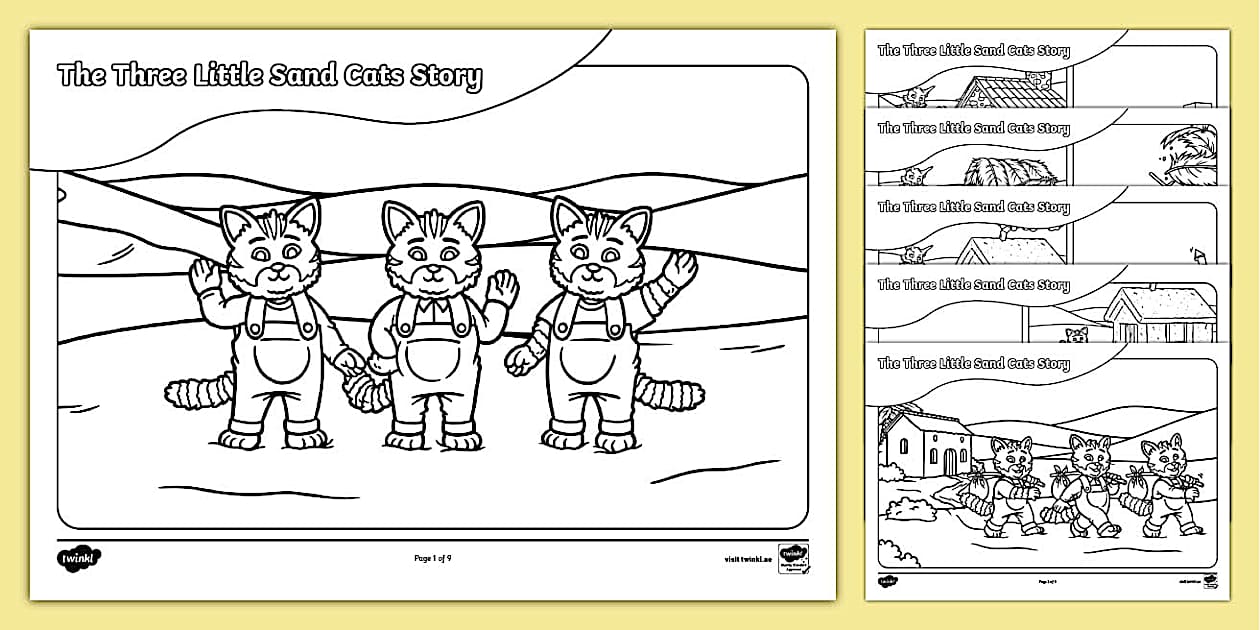 The Three Little Sand Cats Story Colouring Sheets - Twinkl
