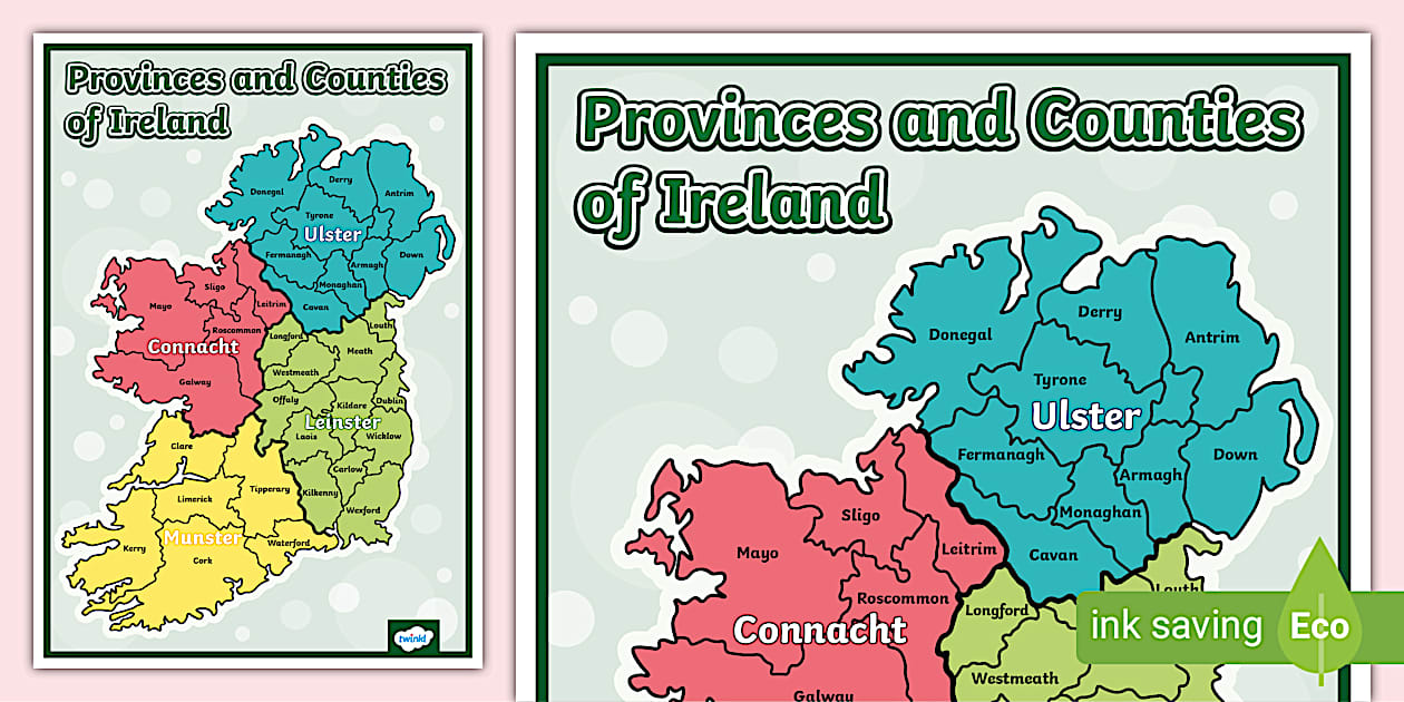 Editable Map of Ireland Counties and Provinces Display Poster