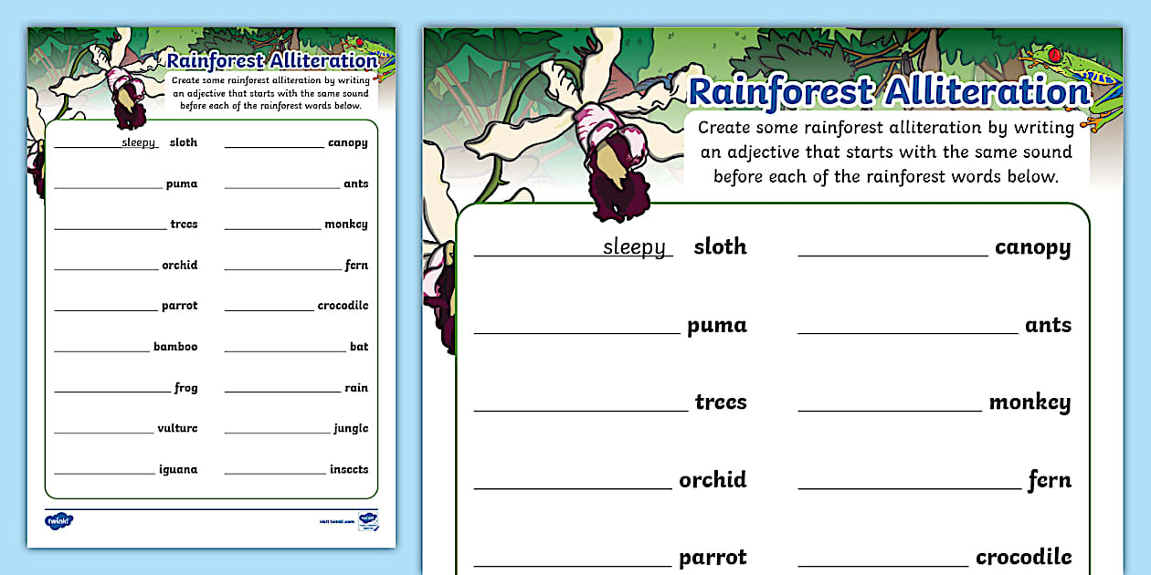 Rainforest Adjectives: Alliteration Worksheet - Twinkl