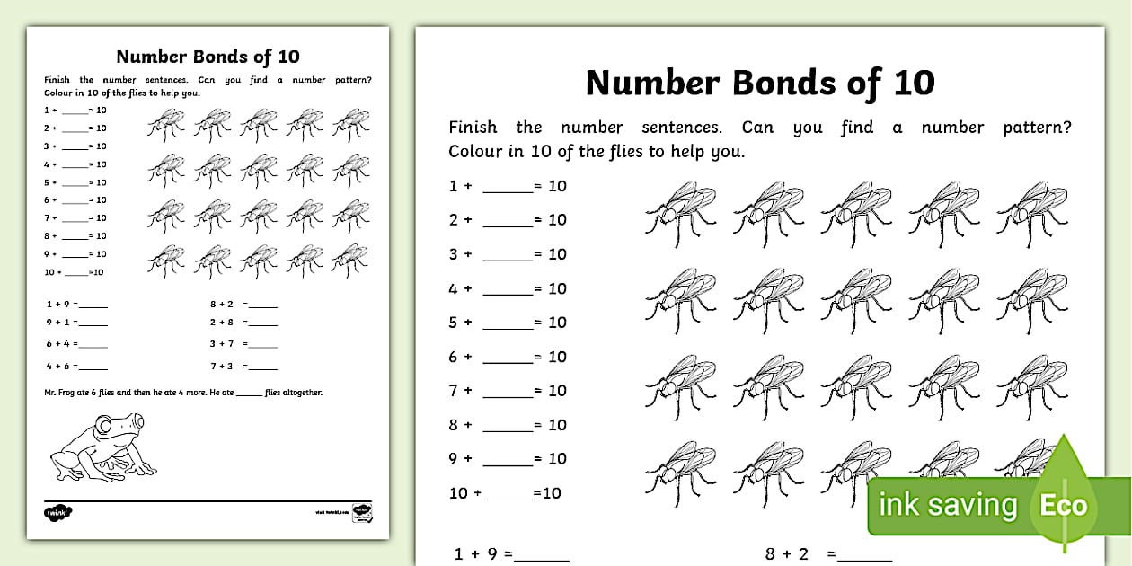 Number Bonds Within 20: Bonds of 10 Worksheet (teacher made)