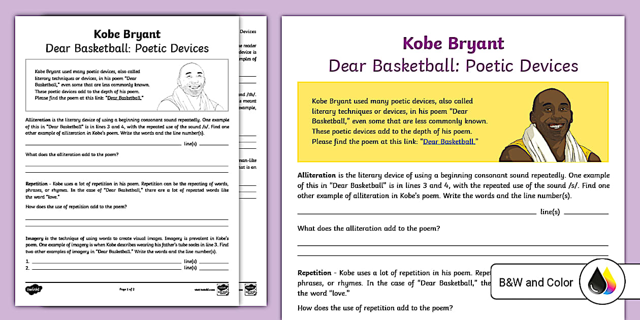 Kobe Bryant Dear Basketball: Poetic Devices Worksheet for 6th-8th Grade