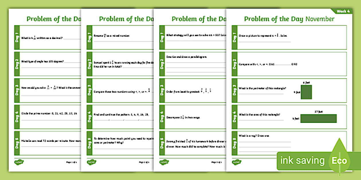 Fourth Grade Math Problem of the Day - November Activity Worksheet