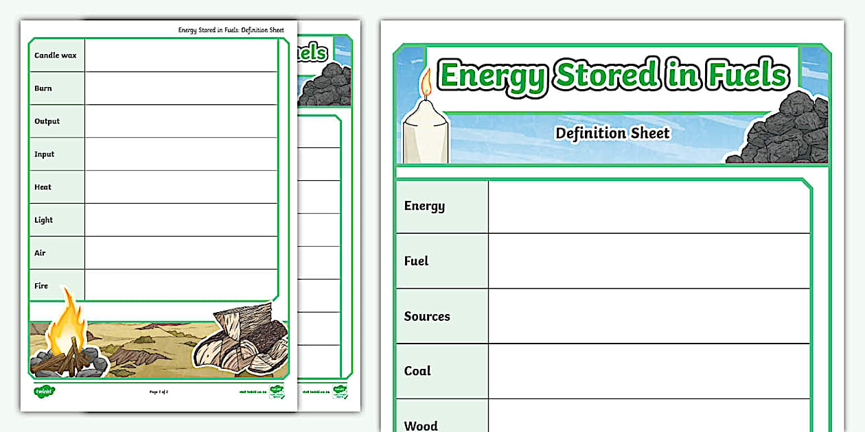 Gr 5 NS/Tech: Energy Stored in Fuels: Definition Sheet