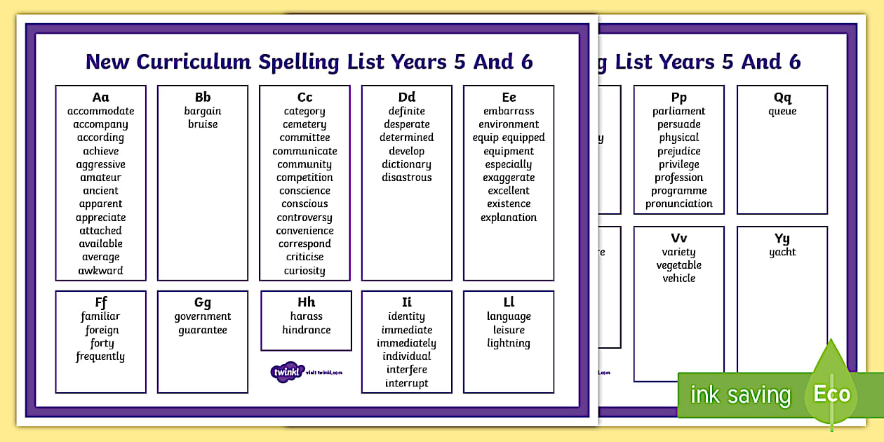 2014 Curriculum Spelling List Years 5 and 6 Column Word Mat