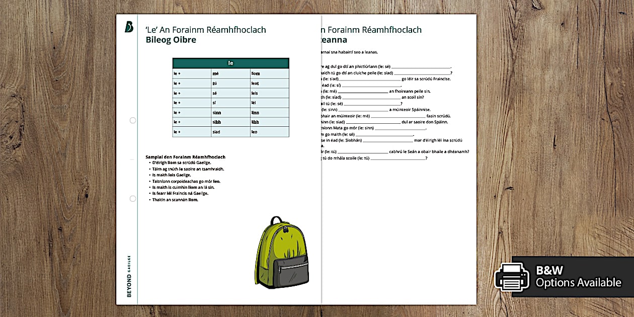'Le' - An Forainm Réamhfhoclach Bileog Oibre (Teacher-Made)
