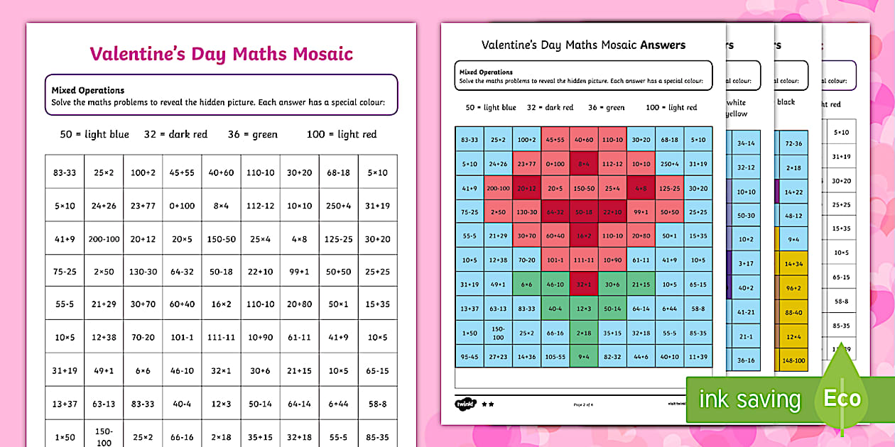 UKS2 Valentines Day Themed Mixed Operations Mosaics Worksheet