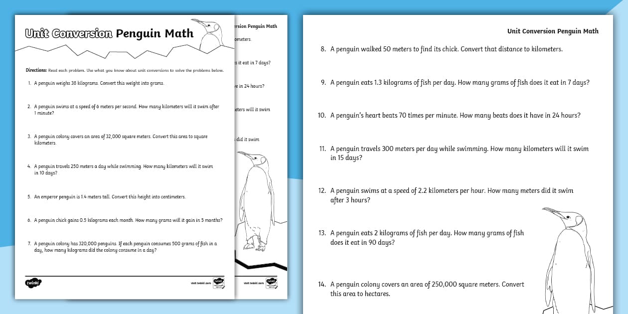 Sixth Grade Unit Conversion Penguin Math Activity - Twinkl