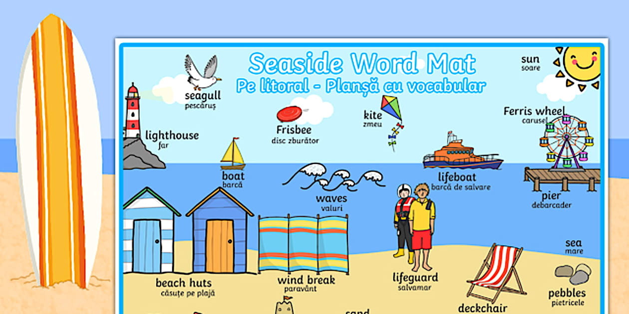 Seaside Themed Scene Word Mat Romanian Translation - Twinkl