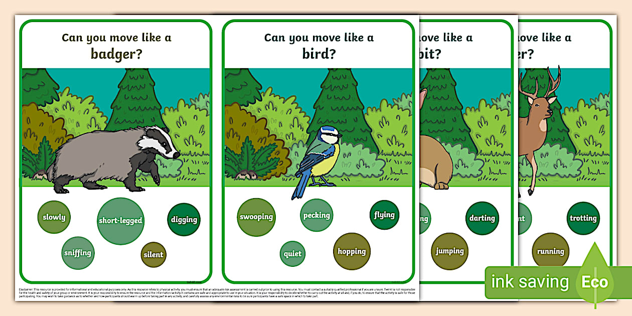 Woodland Animal Movement Cards - Kindergarten Resource - Twinkl