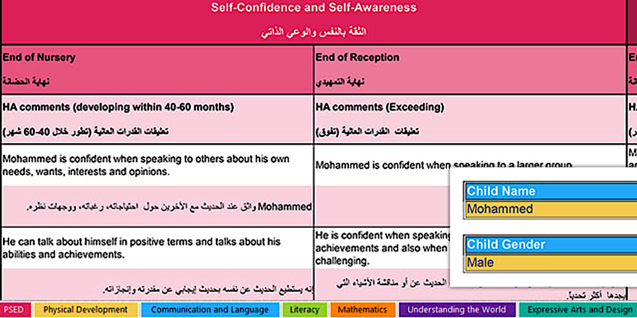 Report Writing Bank of Differentiated Statements EYFS Arabic Translation