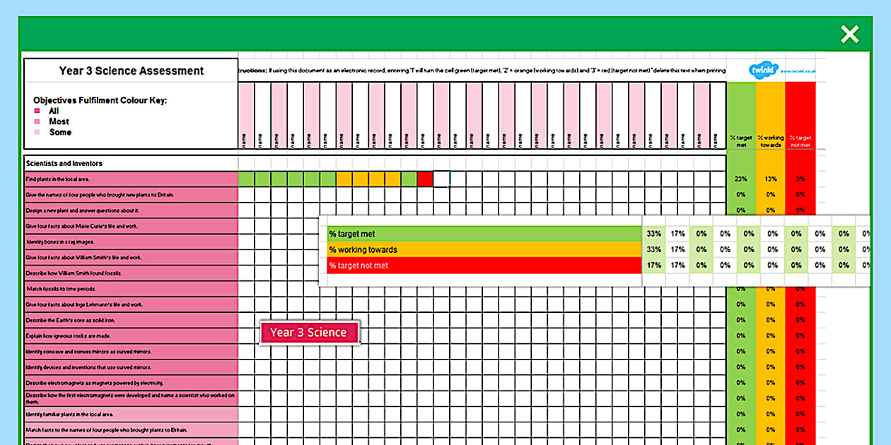Y3 Science Assessment Spreadsheet (teacher made) - Twinkl